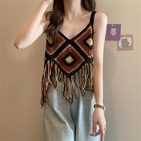 이모스타일 보헤미안 스타일 다채로운 프린지 멜빵티 나시 뜨개 수술 여성용 여름 블라우스 니트 조끼 짧은 탑