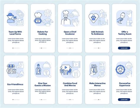 레스토랑 비즈니스 라이트 블루 온보딩 모바일 앱 화면 세트 시작 프리미엄 벡터