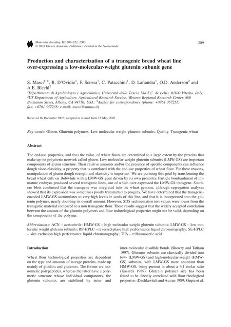 Pdf Production And Characterization Of A Transgenic Bread Wheat Line Over Expressing A Low