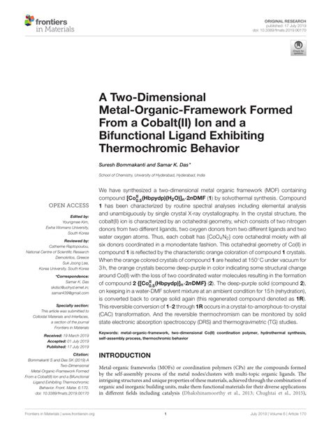 Pdf A Two Dimensional Metal Organic Framework Formed From A Cobaltii Ion And A Bifunctional
