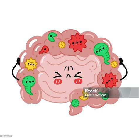 나쁜 박테리아 Microflora와 귀여운 재미 창 자 기관 벡터 핸드 그린 만화 가와이 캐릭터 일러스트 흰색 배경에 격리 내장 마이크로플로라 프로바이오틱스 캐릭터 컨셉