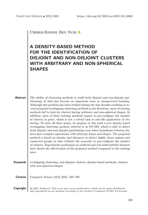 Pdf A Density Based Method For The Identification Of Non Disjoint Clusters With Arbitrary And