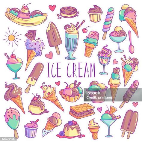 아이스크림 손으로 그린 다채로운 낙서 세트 아이스크림에 대한 스톡 벡터 아트 및 기타 이미지 아이스크림 밀크 셰이크 선데 Istock