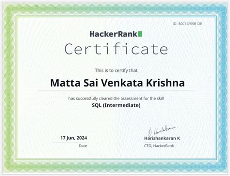 Passed Sql Intermediate On Hackerrank Matta Sai Venkata Krishna Posted On The Topic Linkedin