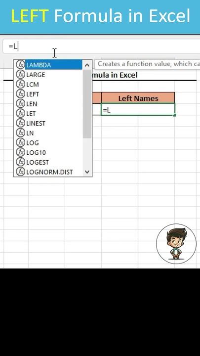 Left Formula In Excelexceltutorialexceltipsexcelshorts Youtube