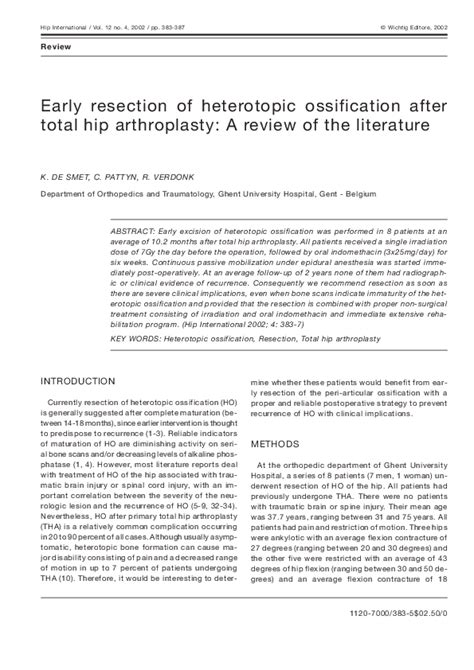 Pdf Early Resection Of Heterotopic Ossification After Total Hip Arthroplasty A Review Of The