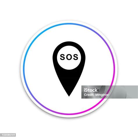 Sos 아이콘이 흰색 배경에 고립 된 마커 위치 Sos 호출 위치 표식입니다 지도 포인터 기호입니다 텍스트를 사용 하는 Sos 핀 포인트 동그라미 흰색 버튼 벡터 일러스트