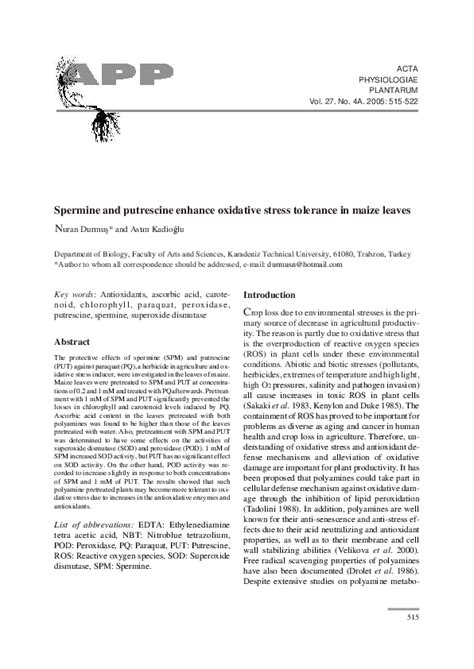 Pdf Spermine And Putrescine Enhance Oxidative Stress Tolerance In