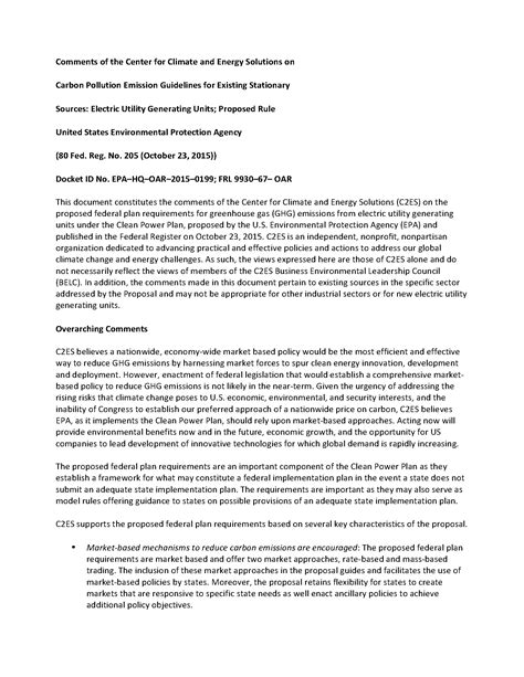 C2ES Comments On Carbon Pollution Emission Guidelines For Existing