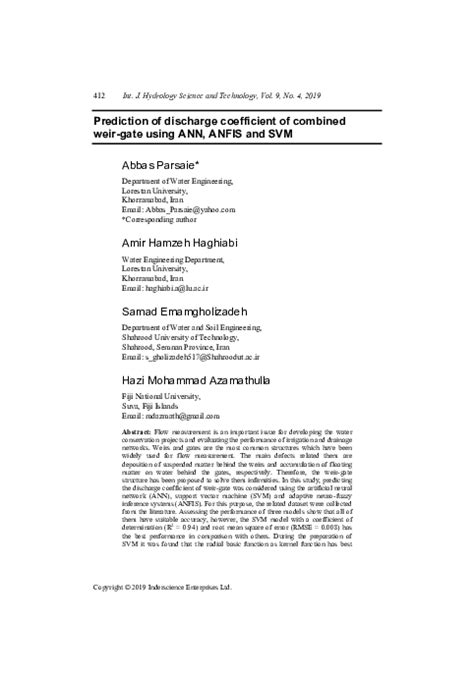 Pdf Prediction Of Discharge Coefficient Of Combined Weir Gate Using Ann Anfis And Svm