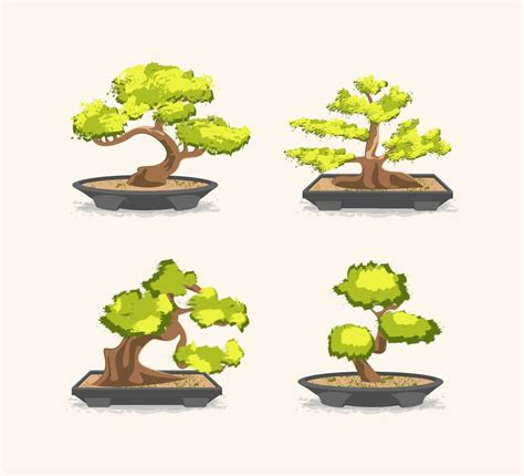 Cartoon Color Different Japanese Bonsai Icons Set Traditional Asian Decoration Concept Flat