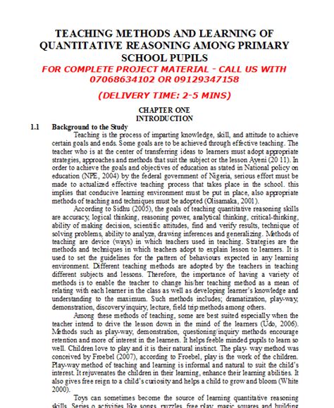 Teaching Methods And Learning Of Quantitative Reasoning Among Primary School Pupils Onlineproject