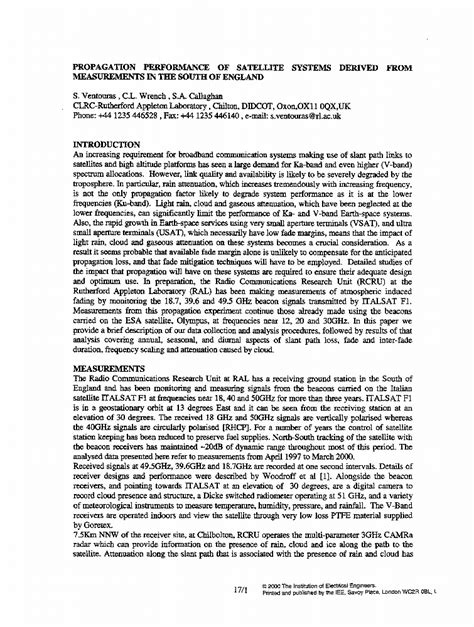 Propagation Performance Of Satellite Systems Derived From Measurements In The South Of England