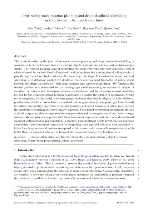 Pdf Joint Rolling Stock Rotation Planning And Depot Deadhead Scheduling In Complicated Urban