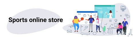 컴퓨터 응용 프로그램 전자 상거래 스케치 낙서 가로 배너를 사용 하 여 새로운 장비를 선택 하는 온라인 쇼핑 스포츠 상점 개념 남성 여성을 하 고 사람들 개념에 대한 스톡