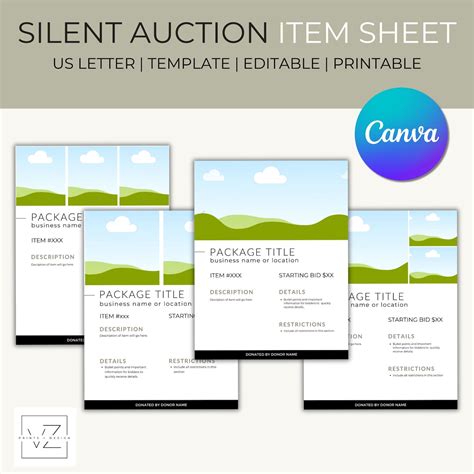 Silent Auction Item Sheet Template Canva Editable Digital Download