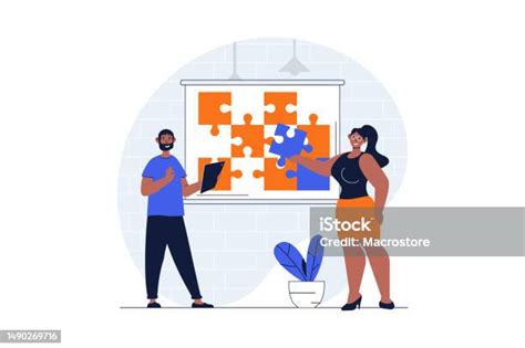 캐릭터 장면이 있는 팀워크 웹 개념 남자와 여자는 퍼즐을 모으고 프로젝트에서 함께 일한다 플랫 디자인의 사람들 상황 소셜 미디어