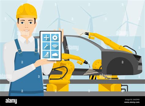 Engineer With A Digital Tablet Controls Robots On The Car Assembly Line
