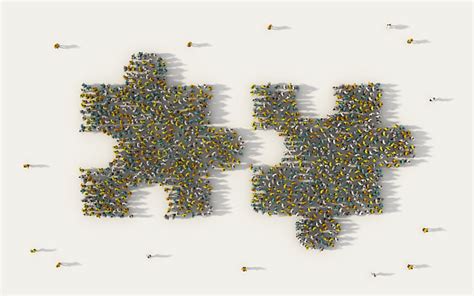 흰색 배경에 소셜 미디어와 지역 사회 개념에 직소 퍼즐 아이콘의 조각을 형성하는 사람들의 큰 그룹 위에서 군중 그림의 3d 기호가 함께 모여 3차원 형태에 대한 스톡 사진