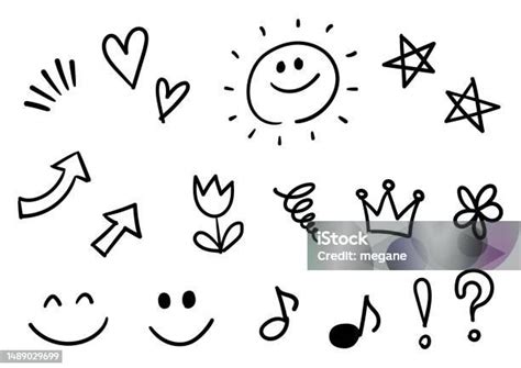 낙서 같은 얼굴 꽃 하트 기호 등으로 설정된 아이콘입니다 개체 그룹에 대한 스톡 벡터 아트 및 기타 이미지 개체 그룹 검은색 귀여운 Istock