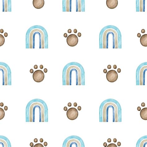 수채화 Boho 무지개와 발자국 원활한 패턴 아기 소년 보육 배경 프리미엄 벡터
