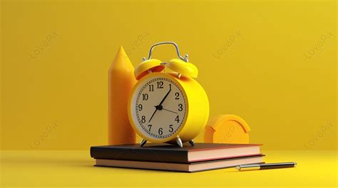 생생한 3d 교육 일러스트레이션 노란색 알람 시계 책 더미 및 연필을 사용하여 디자인 모형 향상 시계 책 배경 노란 배경 노란 연필 배경 이미지 Hd 시계 책