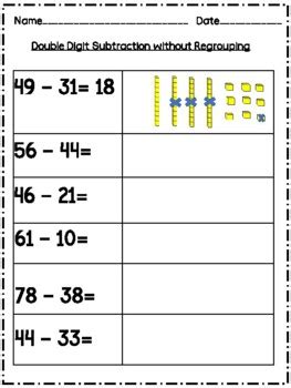 Double Digit Subtraction Without Regrouping Using Base Ten Blocks Worksheets Library