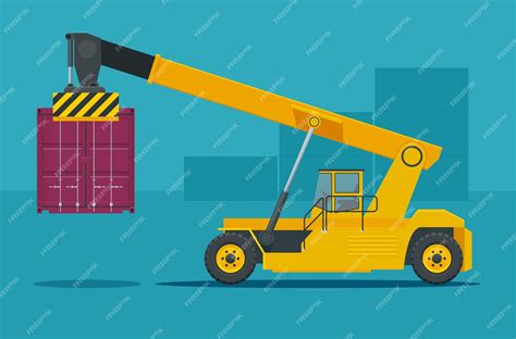 컨테이너 터미널에서 작동 중인 모바일 컨테이너 핸들러 크레인 리프트 컨테이너 처리기 격리 된 벡터 일러스트 레이 션 프리미엄 벡터