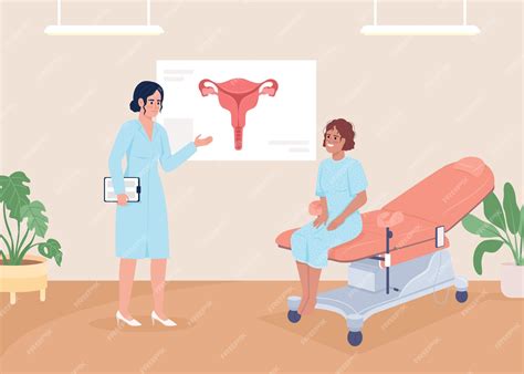 산부인과 약속 평면 컬러 벡터 일러스트 레이 션에서 환자 프리미엄 벡터