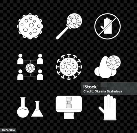 설정 바이러스 돋보기 아니 악수 테스트 튜브 플라스크 Dna 나선형 컴퓨터 의료 고무 장갑 확산 및 아이콘 벡터 스포츠 글러브에 대한 스톡 벡터 아트 및 기타 이미지