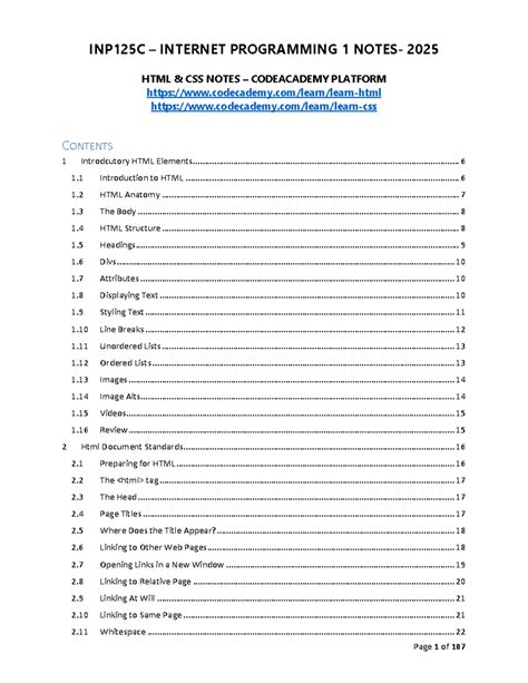 Inp125c Internet Programming 1 Html And Css Comprehensive Notes 2025