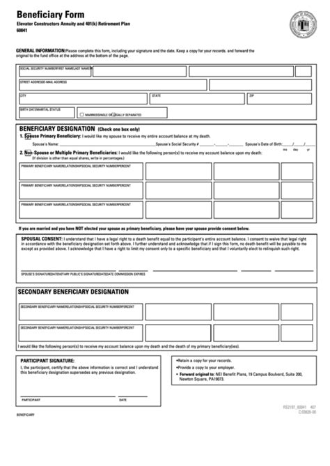 Beneficiary Form Elevator Constructors Annuity And 401 K Retirement