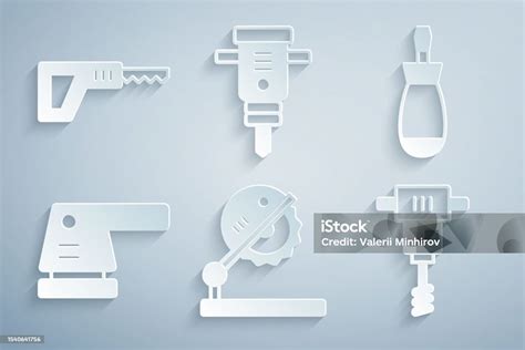 목공 스크루 드라이버 전기 샌더 전기 핸드 콘크리트 믹서 건설 착암기 및 왕복 아이콘을위한 테이블 톱을 설정하십시오 벡터 3차원 형태에 대한 스톡 벡터 아트 및 기타 이미지
