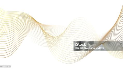 3d 물결 모양의 금색 선이 흰색 배경에 휩쓸립니다 럭셔리한 아름다움은 얇은 곡선 시냇물 흐름 패턴으로 소용돌이칩니다 실크 섬유 또는 Fablic 반짝이는 장식과 같은