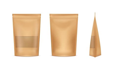 갈색 종이 가방 크래프트 파우치 격리된 패키지 모형 빈 팩 전면 또는 측면 보기 식품 스낵 상품 용기 벡터 배경 템플릿을 위한 차 에코 포장 Doypack 향낭 프리미엄 벡터