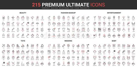 Beauty Makeup And Fashion Thin Line Red Black Icons Set Symbols Of Wedding Entertainment And