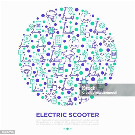 서클 얇은 라인 아이콘전기 스쿠터 개념 공유 서비스 모바일 앱 Qr 코드 주차 헬멧 에코 전송 포인터 현대 벡터 그림입니다 24시간에 대한 스톡 벡터 아트 및 기타 이미지
