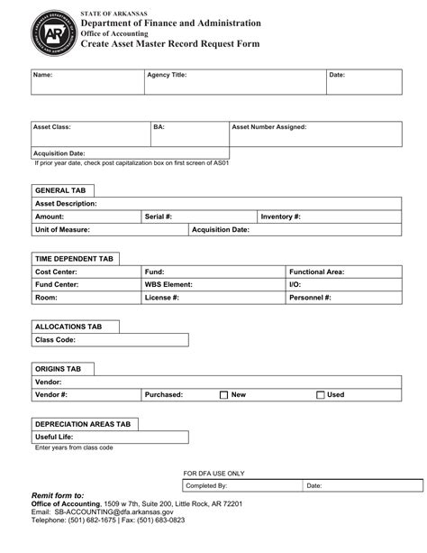 Arkansas Create Asset Master Record Request Form Fill Out Sign