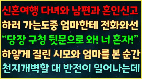 반전신청사연 신혼여행 다녀와 남편과 혼인신고 하러 가는중 엄마께 전화와 당장 구청 뒷문으로 와 너 혼자” 하얗게 질린 시모와 엄마를 본 순간 천지개별할 대 반전이