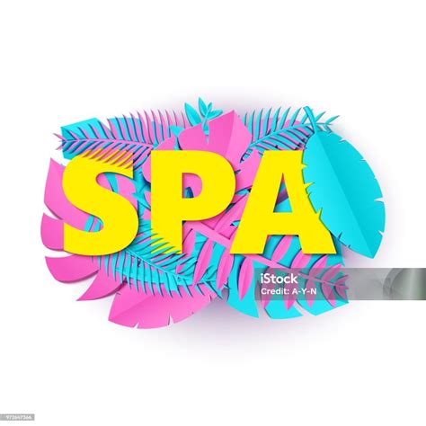 핑크 블루 정글 단어 스파 구성 스타일을 잘라 종이에 흰색 바탕에 나뭇잎 열 대 공예 잎과 노란 편지 디자인 포스터 배너 전단지 T셔츠 인쇄 벡터 일러스트입니다 0명에 대한