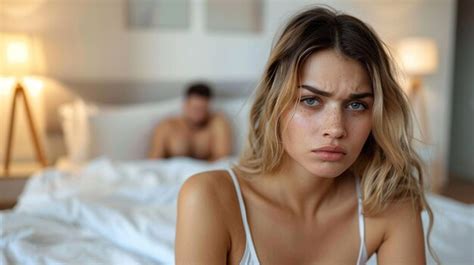 Premium Photo Blond Woman In White Top Sitting On Bed With Man In