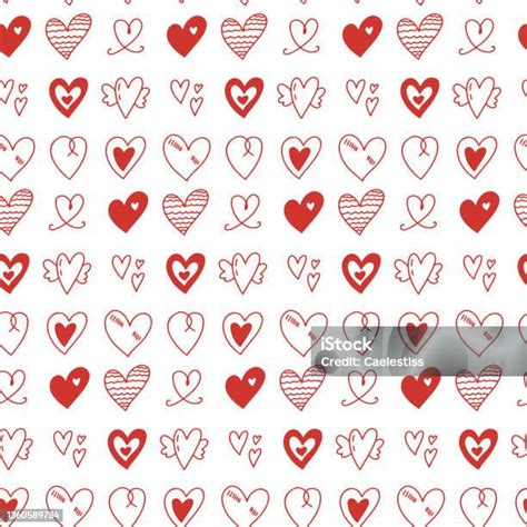 귀여운 다양한 손으로 벡터 매끄러운 패턴은 흰색 배경에 낙서 간단한 하트 를 그린 로맨틱 발렌타인 데이 배경 벽지 디자인 개체 그룹에 대한 스톡 벡터 아트 및 기타 이미지