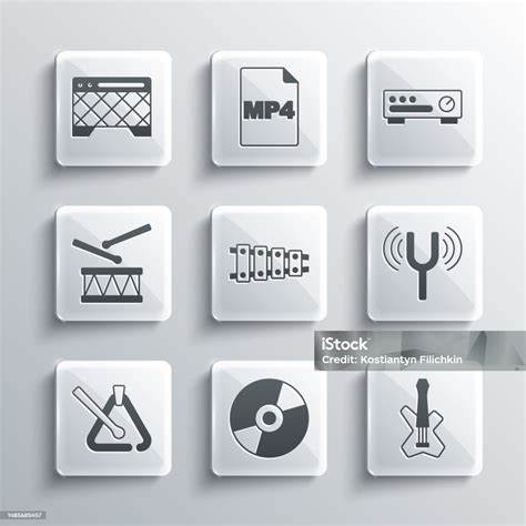 비닐 디스크 일렉트릭베이스 기타 뮤지컬 소리굽쇠 실로폰 삼각형 악기 드럼 스틱이있는 드럼 기타 앰프 및 사운드 믹서 컨트롤러 아이콘을 설정합니다 벡터 강철에 대한 스톡 벡터