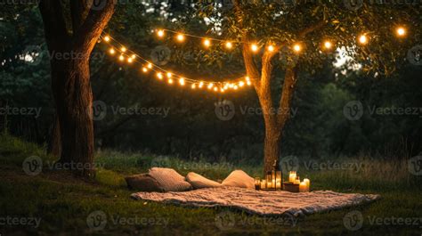 Romantic Outdoor Picnic At Night Under Trees With String Lights