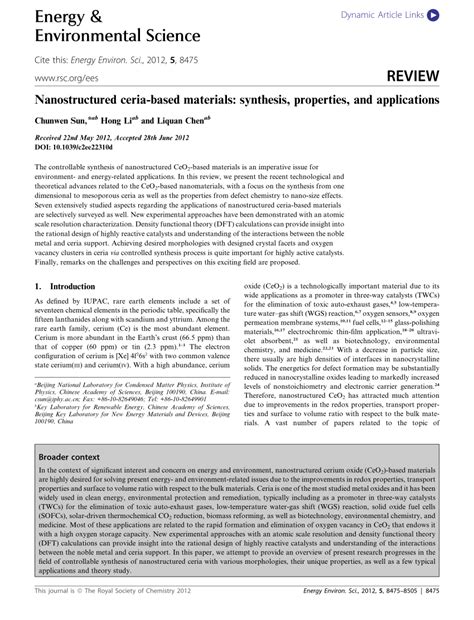 Pdf Cheminform Abstract Nanostructured Ceria Based Materials Synthesis Properties And