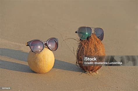 오렌지 잘라 내부 씨 멜론과와 선글라스 갈색 코코넛 해변에서 모래의 배경에 대해 바다에 아시아 열 대 과일입니다 과일 예술과 유머입니다 복사 공간 디자인 가까운에 대한 스톡