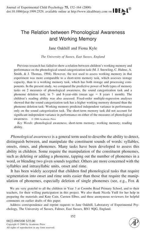 Pdf The Relation Between Phonological Awareness And Working Memory