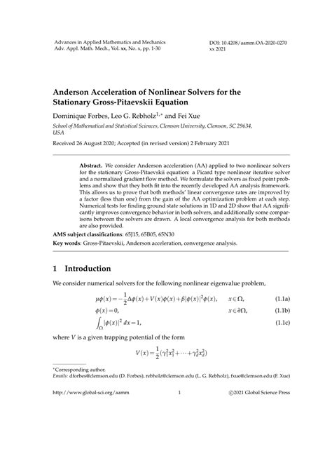Pdf Anderson Acceleration Of Nonlinear Solvers For The Stationary Gross Pitaevskii Equation