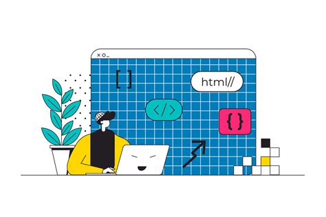 DevOps Outline Web Concept In Modern Flat Line Design Programmer Coding And Working At Project