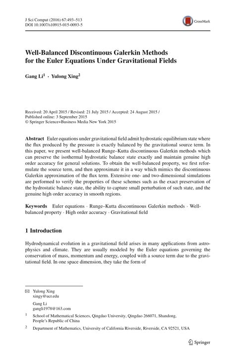 Pdf Well Balanced Discontinuous Galerkin Methods For The Euler Equations Under Gravitational